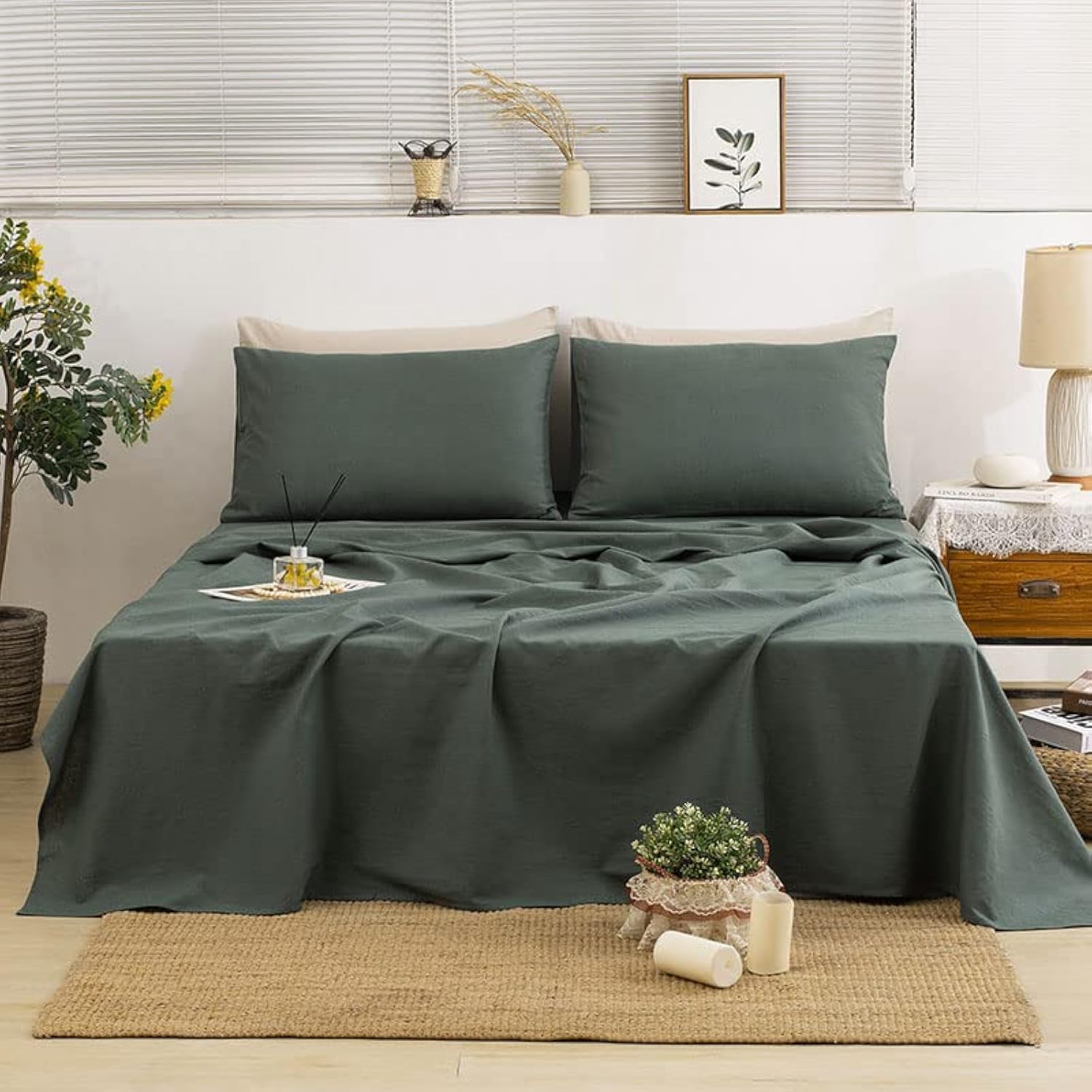 Amazon.com: TUMEI 100% Linen Sheets Queen - 4Pcs Green Linen Sheets Set ...
