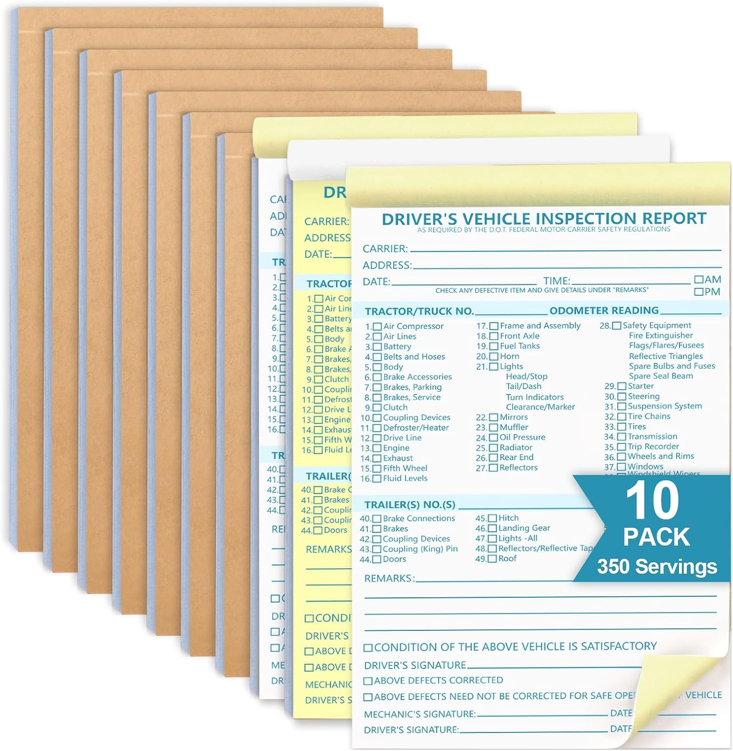 Amazon.com : 10 Pack Detailed Driver Vehicle Inspection Report Book 5.5 ...