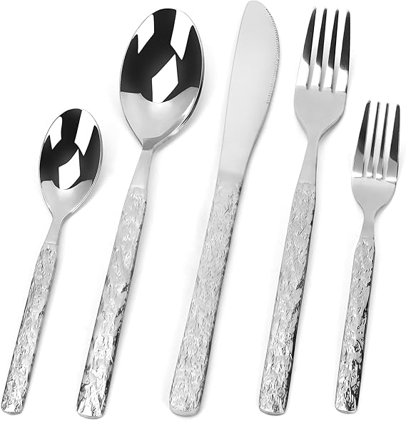 Amazon.com | Hammered Silverware Set, 20 Piece Stainless Steel Flatware ...