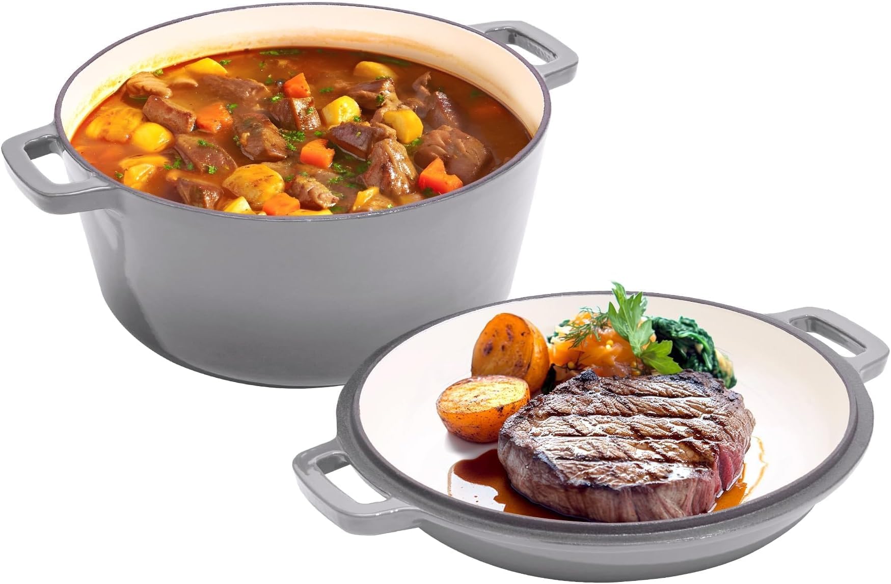 Amazon.com: 2 in 1 Enameled Cast Iron Dutch Oven Pot 6QT with 2QT Lid ...