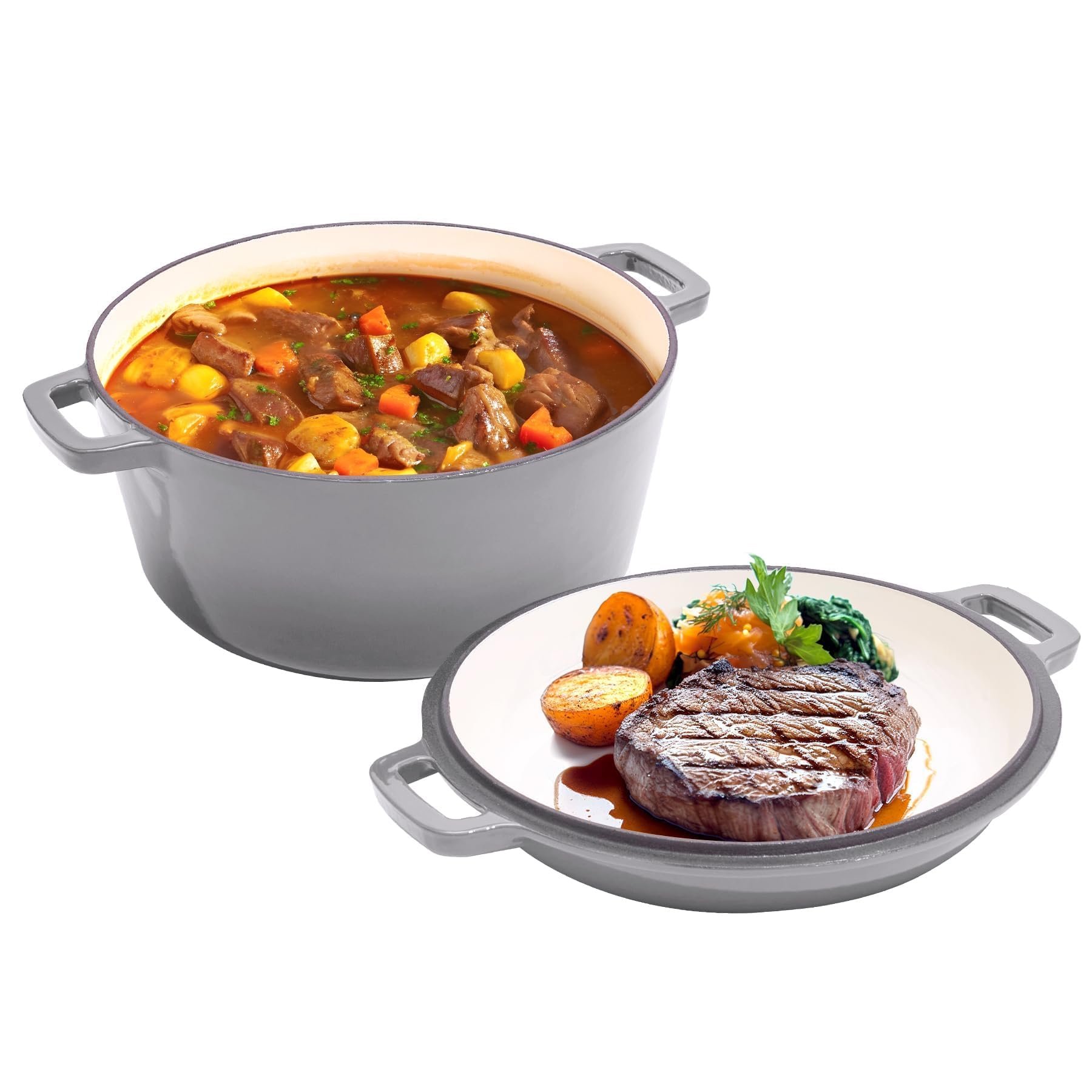 Amazon.com: 2 in 1 Enameled Cast Iron Dutch Oven Pot 6QT with 2QT Lid ...