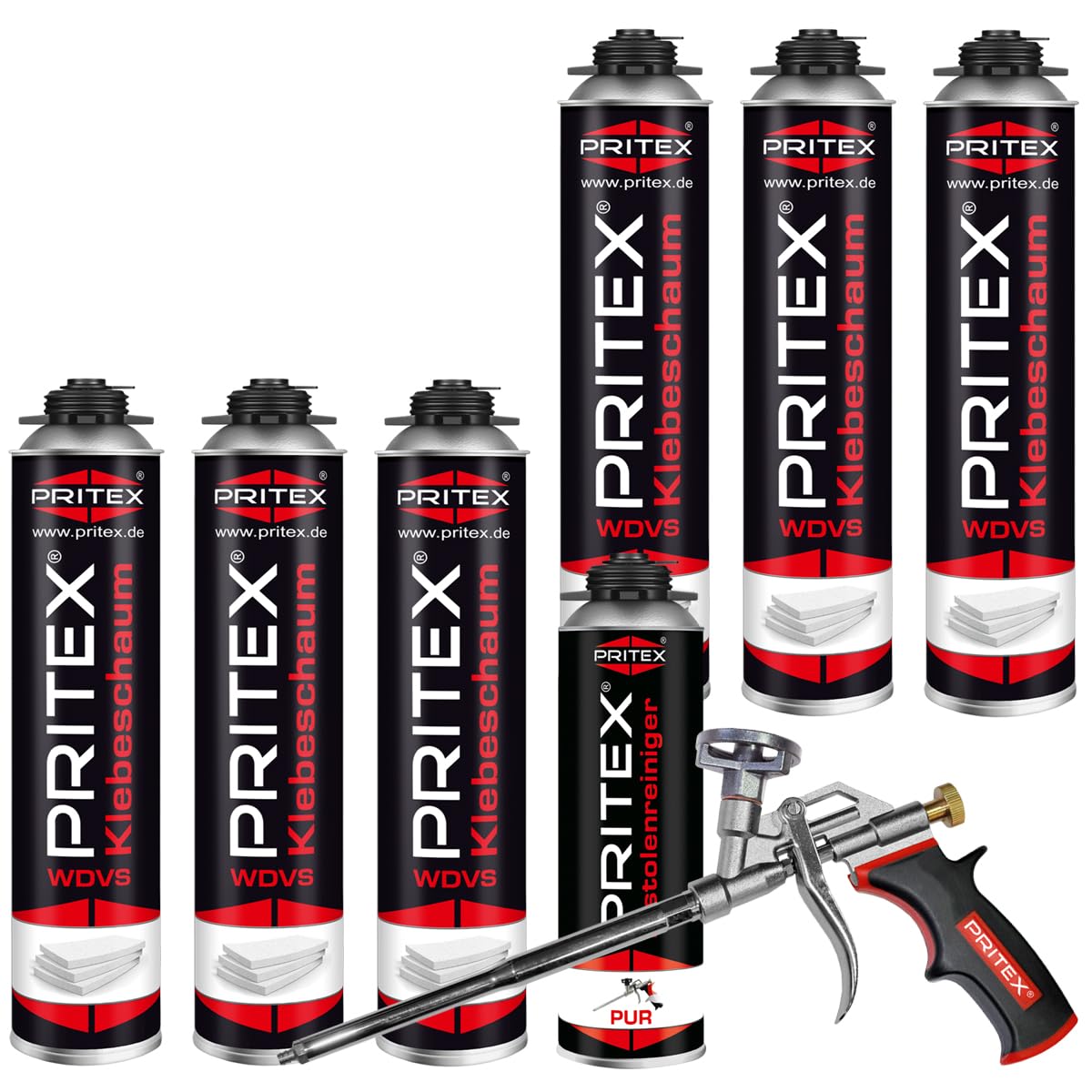 PRITEX - WDVS Klebeschaum Set 6 x 750 ml inkl. Schaumpistole und ...