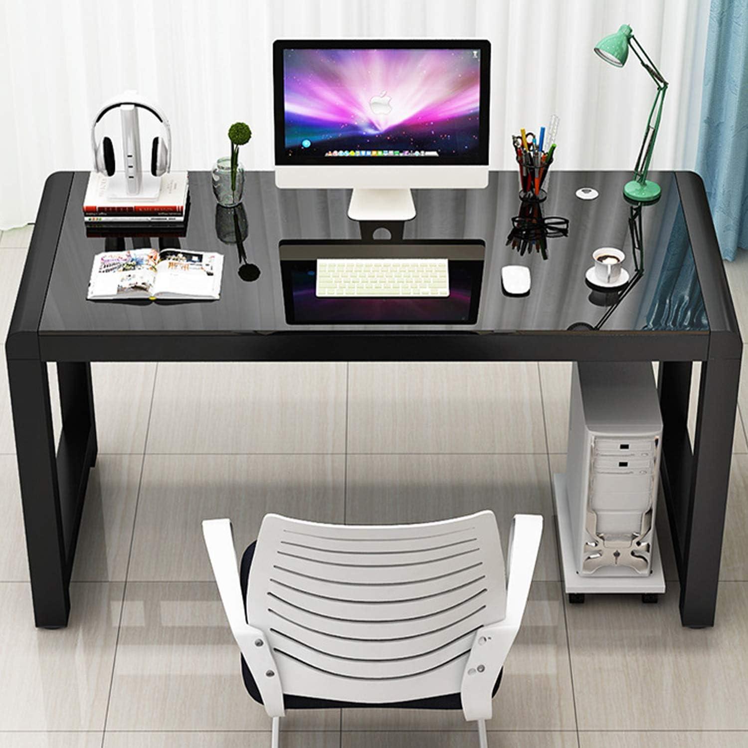 Amazon.com: BINGTOO Computer Desk Glass Top Metal Frame, 55.1" Home ...
