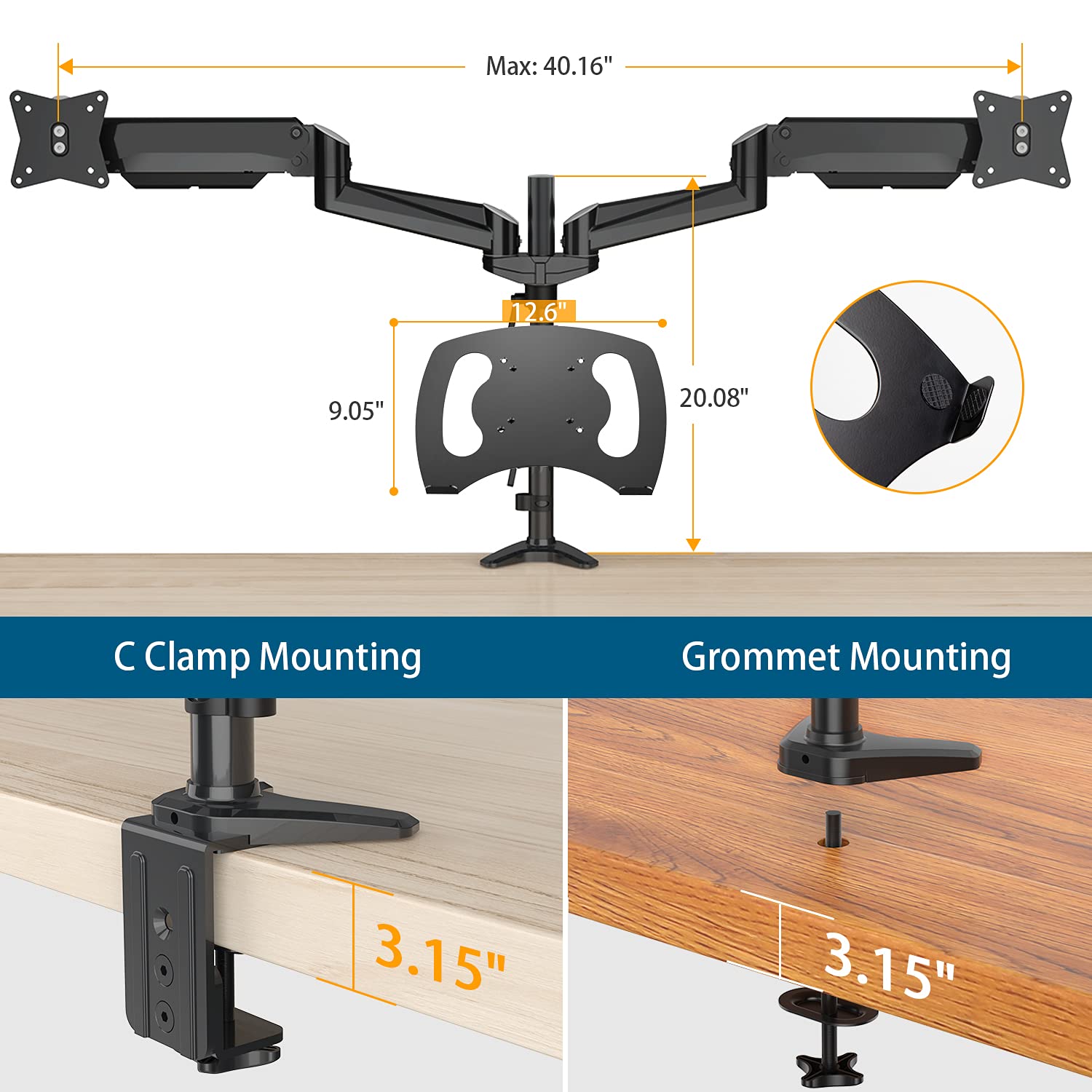 HUANUO Monitor and Laptop Mount, Gas Spring Dual Monitor Stand with ...
