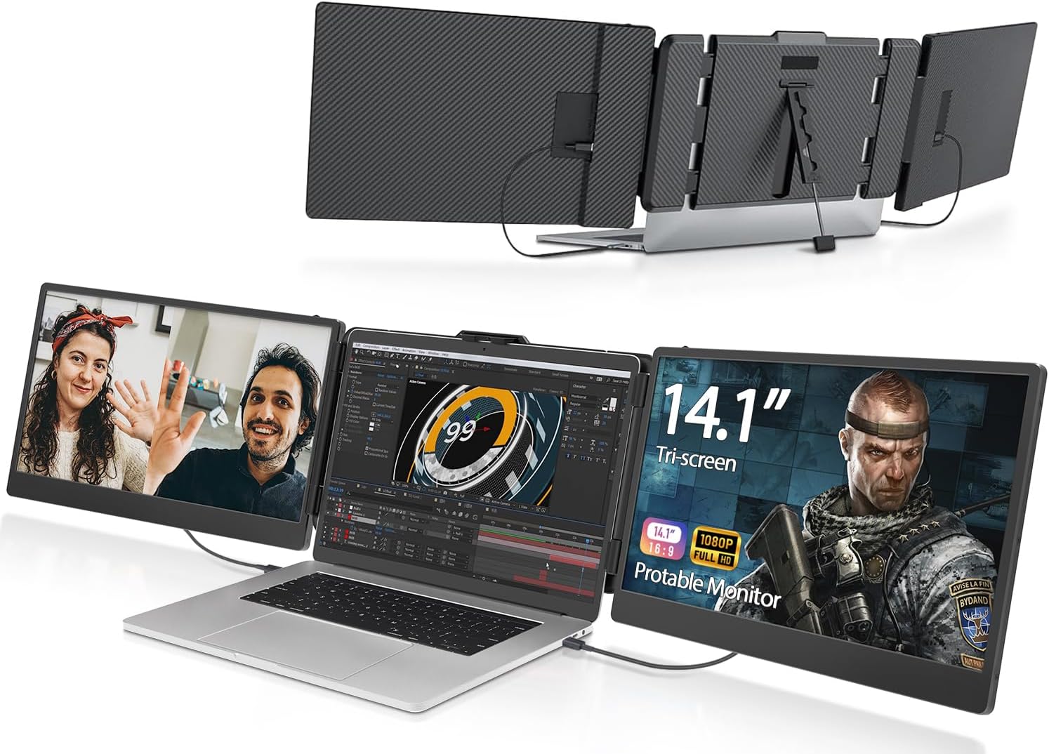 Macsecor - Monitor portátil triple para portátil, 14.1 pulgadas 1080P ...