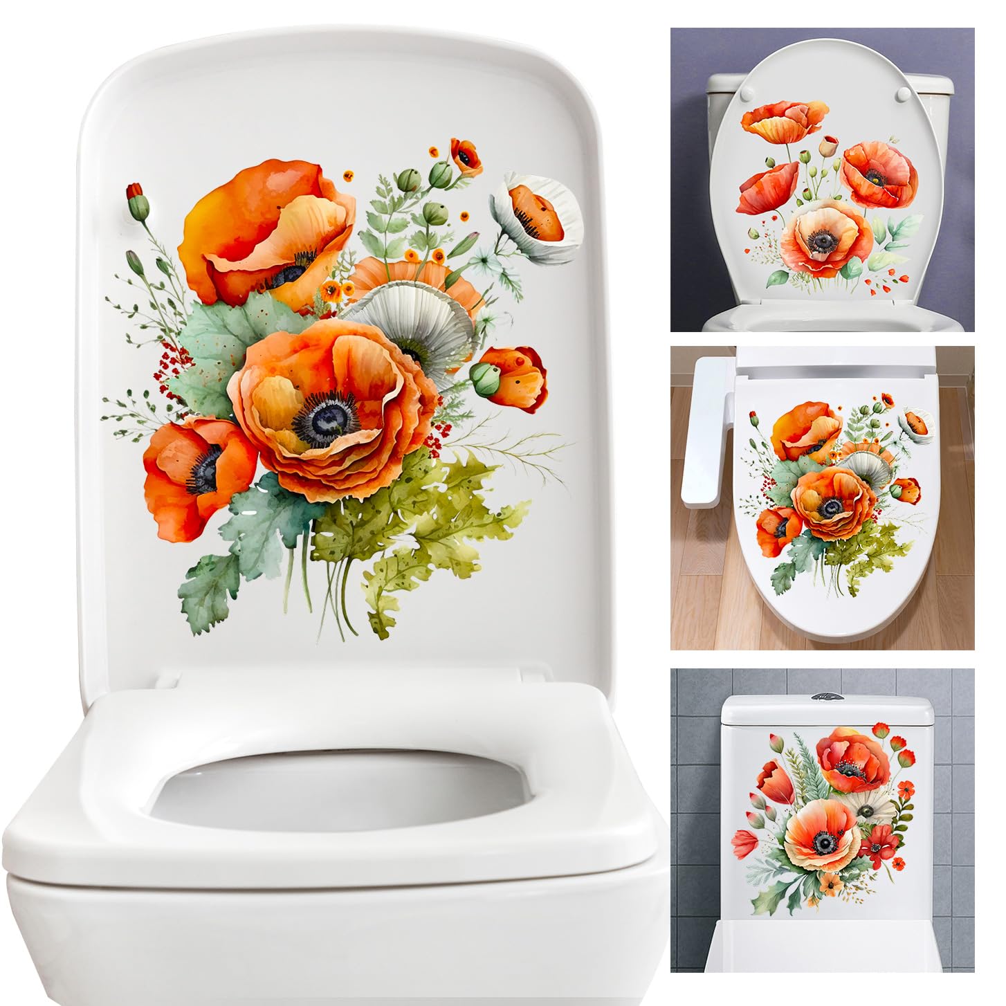 3PCS 3D Poppy Flowers Bathroom Toilet Seat Wall Sticker Self-Adhesive ...