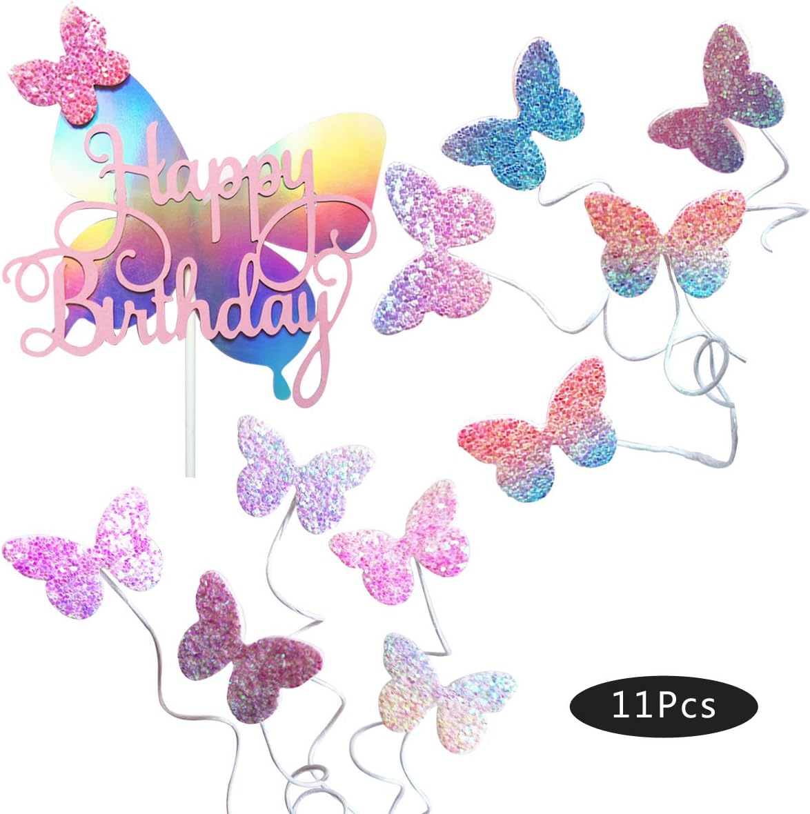 Amazon.com: Butterfly Cake Toppers Kit (Set Of 11) Kids Girls Rainbow ...