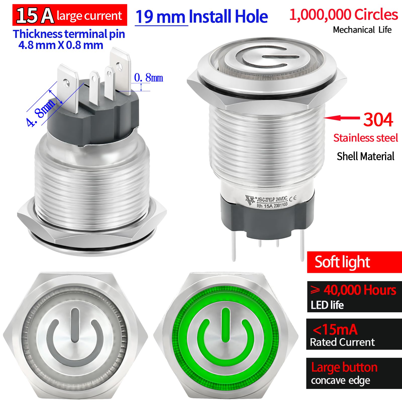 Snapklik.com : 15Amp 19mm Latching Push Button Switch Waterproof IP67 ...