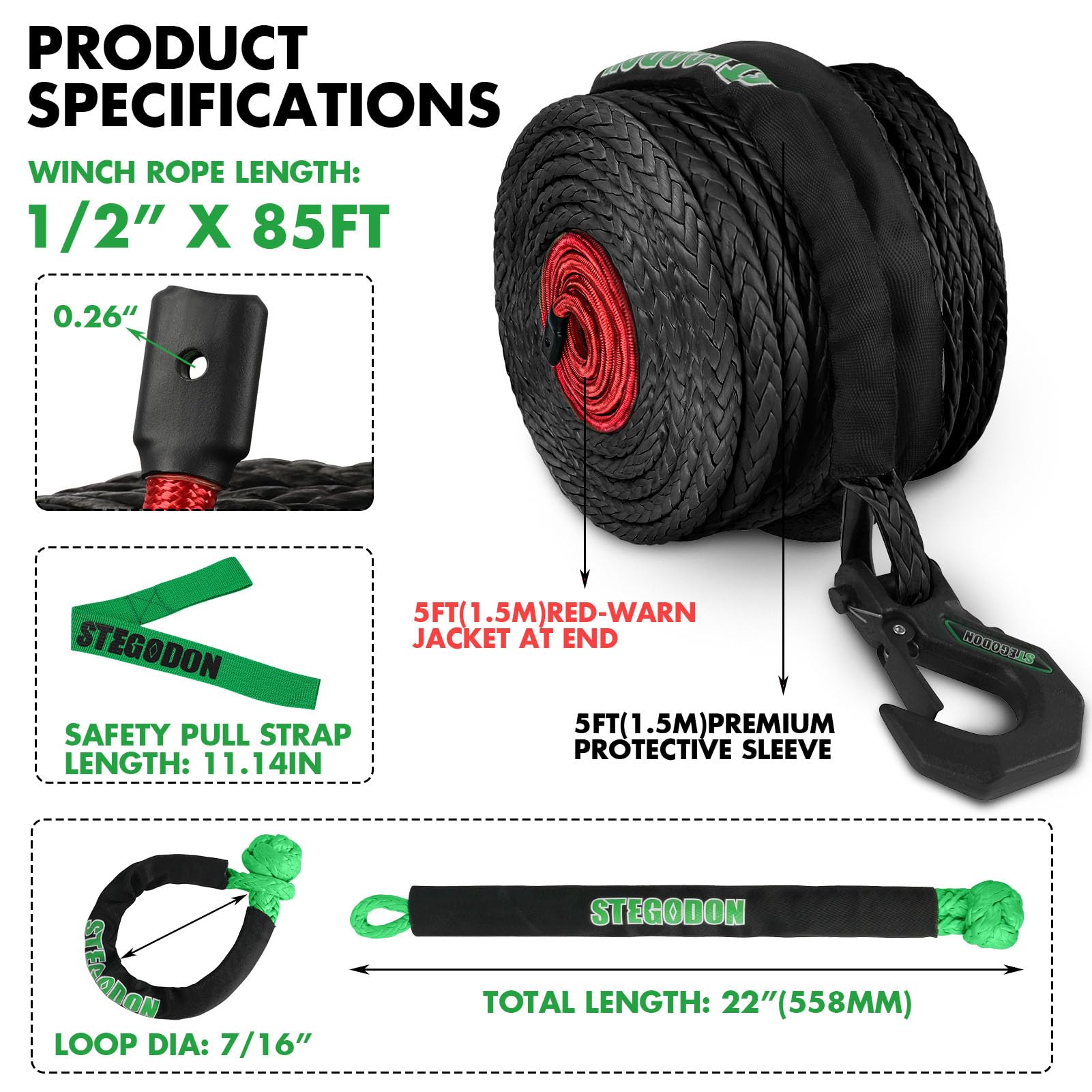 Snapklik.com : STEGODON 1/2inch X 85ft Synthetic Winch Rope Kit ...