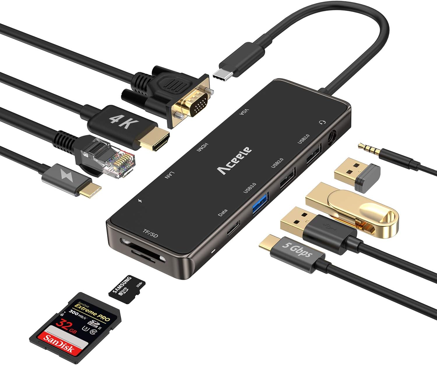 Amazon.com: Aceele Adaptador multipuerto USB C, adaptador USB para ...