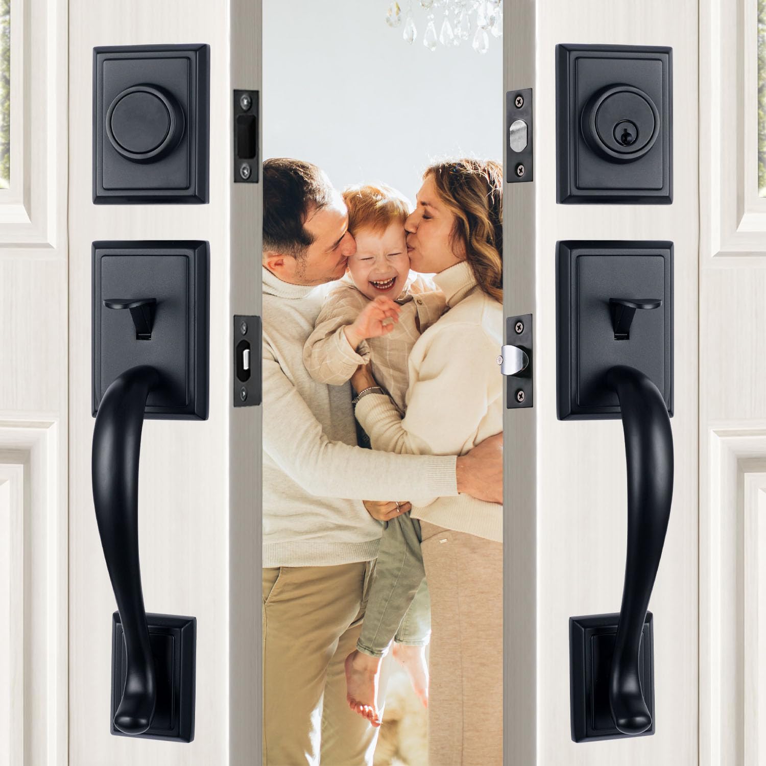 HISAFE Matte Black Double Door Handleset, Heavy Duty Keyed & Dummy ...