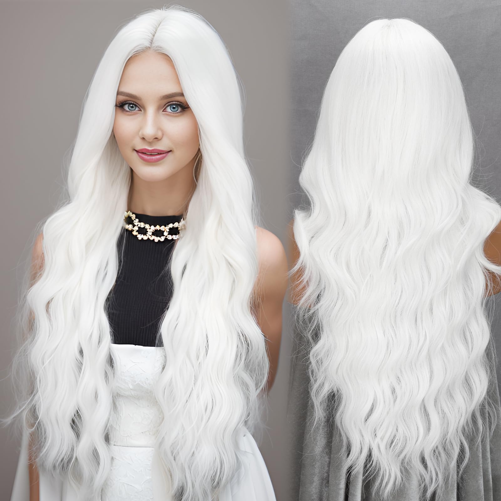 Amazon.com : LINGHANG Long White Wigs for Women,Long Wavy Wigs Middle ...