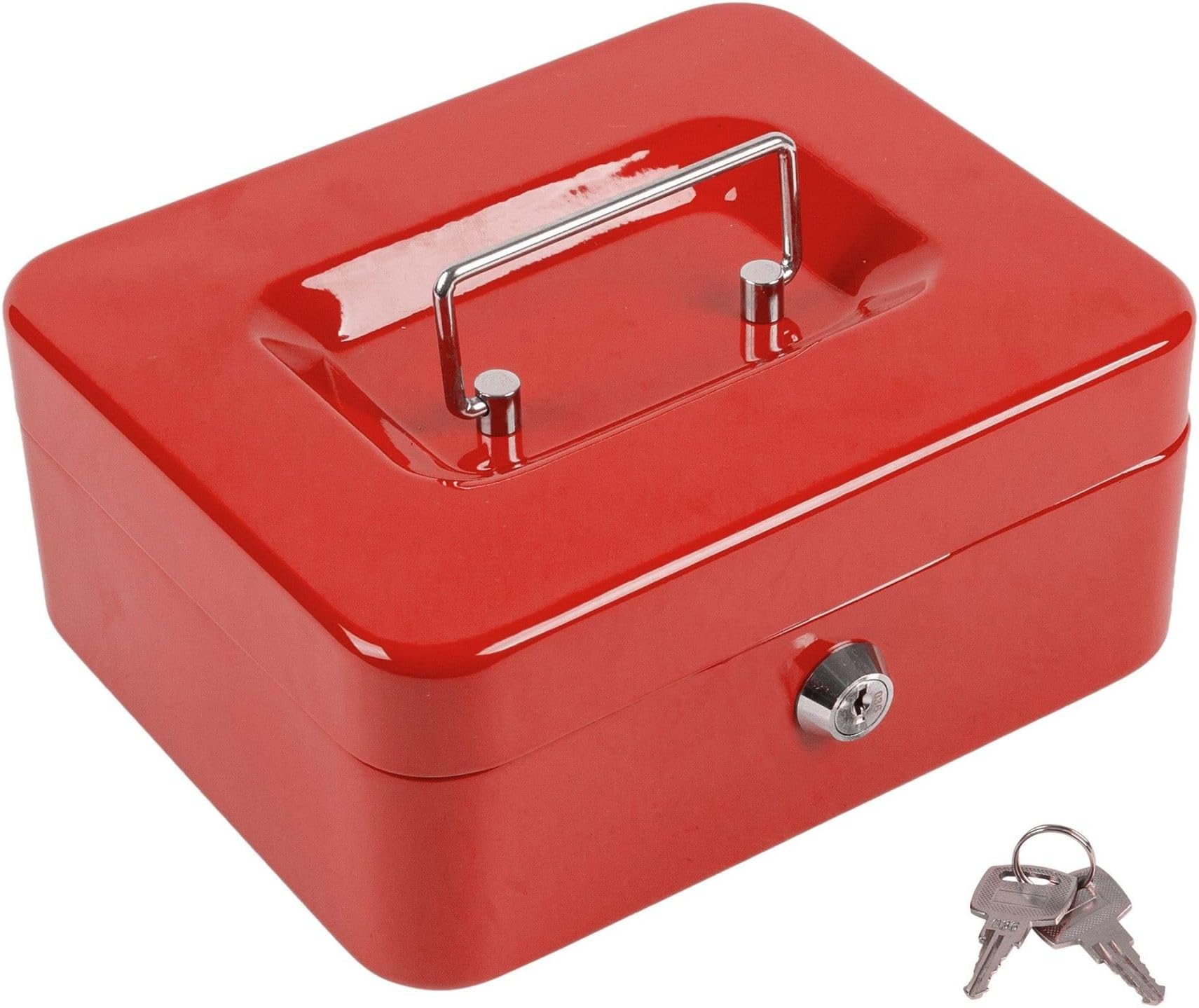 1x Red 20.5cm Metal Cash Box - Lockable Metal Petty Coin Notes Money ...