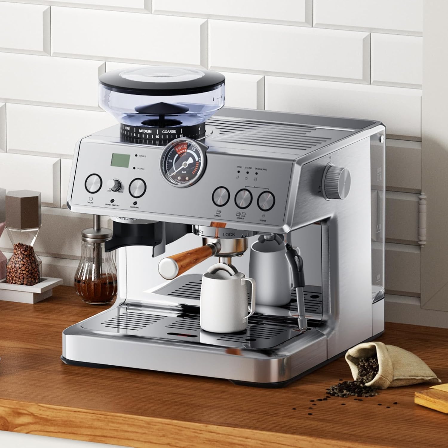 Espresso Machine with Grinder, Semi-Automatic Espresso Maker with Milk ...