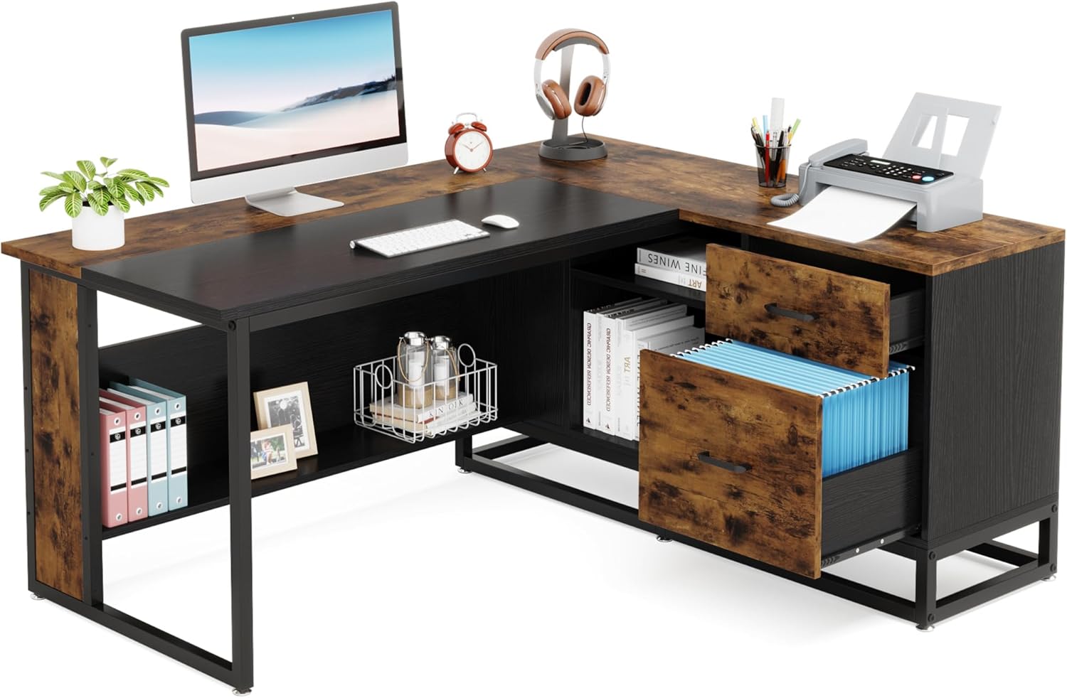 Amazon.com: LITTLE TREE 63" L-Shaped Computer Desk with Drawer ...