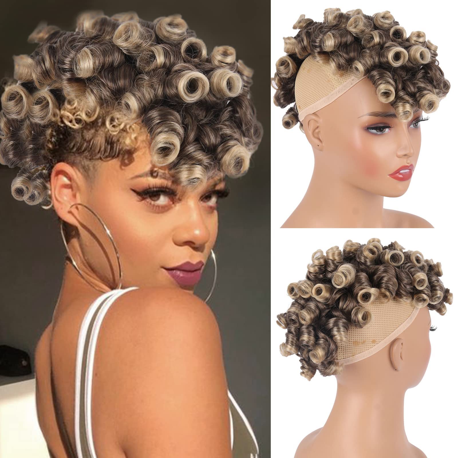 Amazon.com : Aisaide Short Ombre Blonde Deep Curly Mohawk Wig Brown ...
