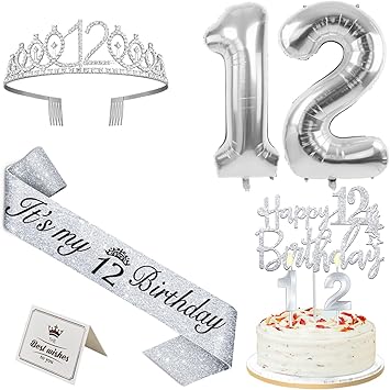 Amazon.com: 12th Birthday Decorations for Girls Silver with 12th ...
