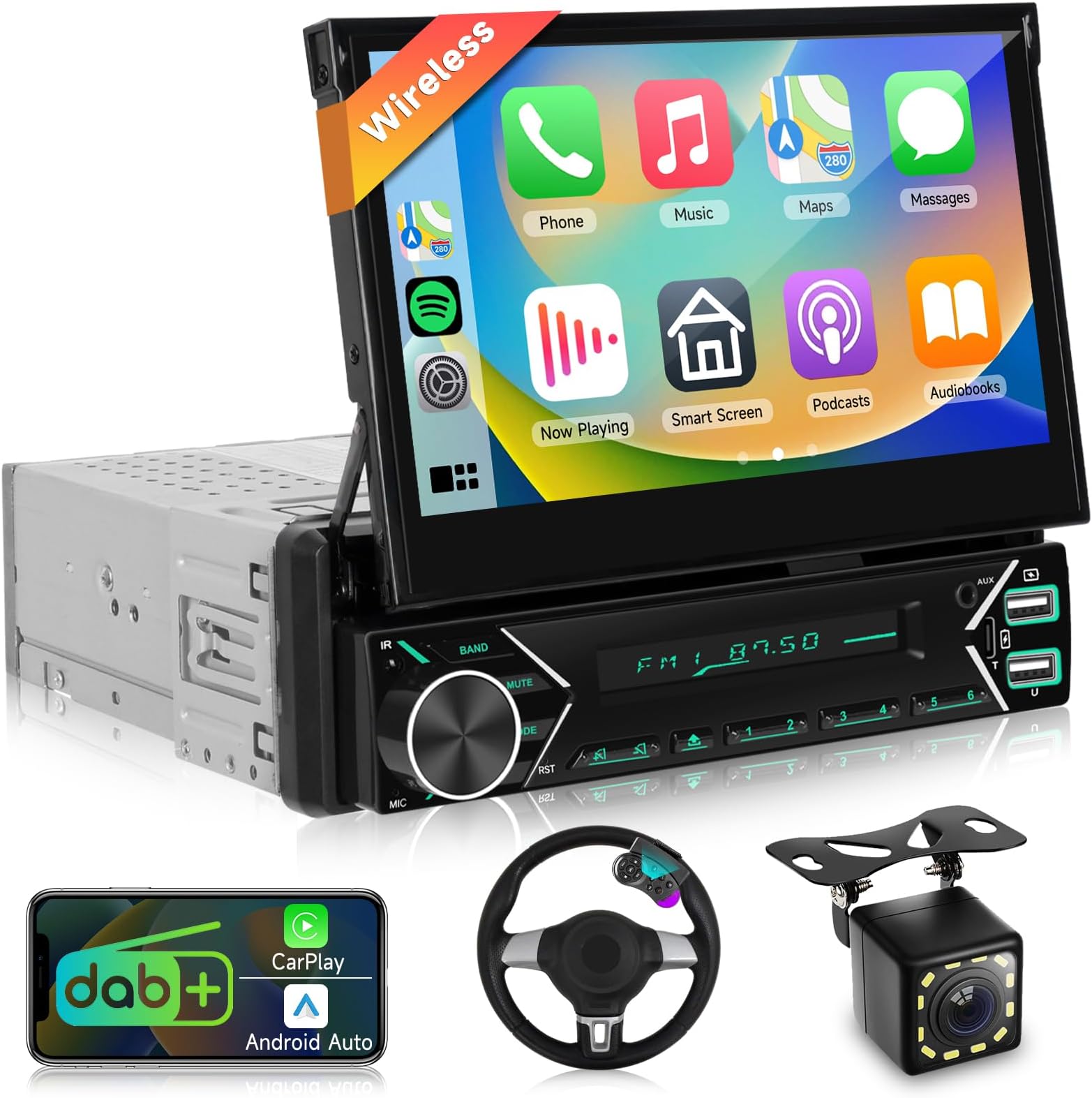 DAB/DAB+ Single Din Car Stereo with Wireless Carplay Android Auto ...