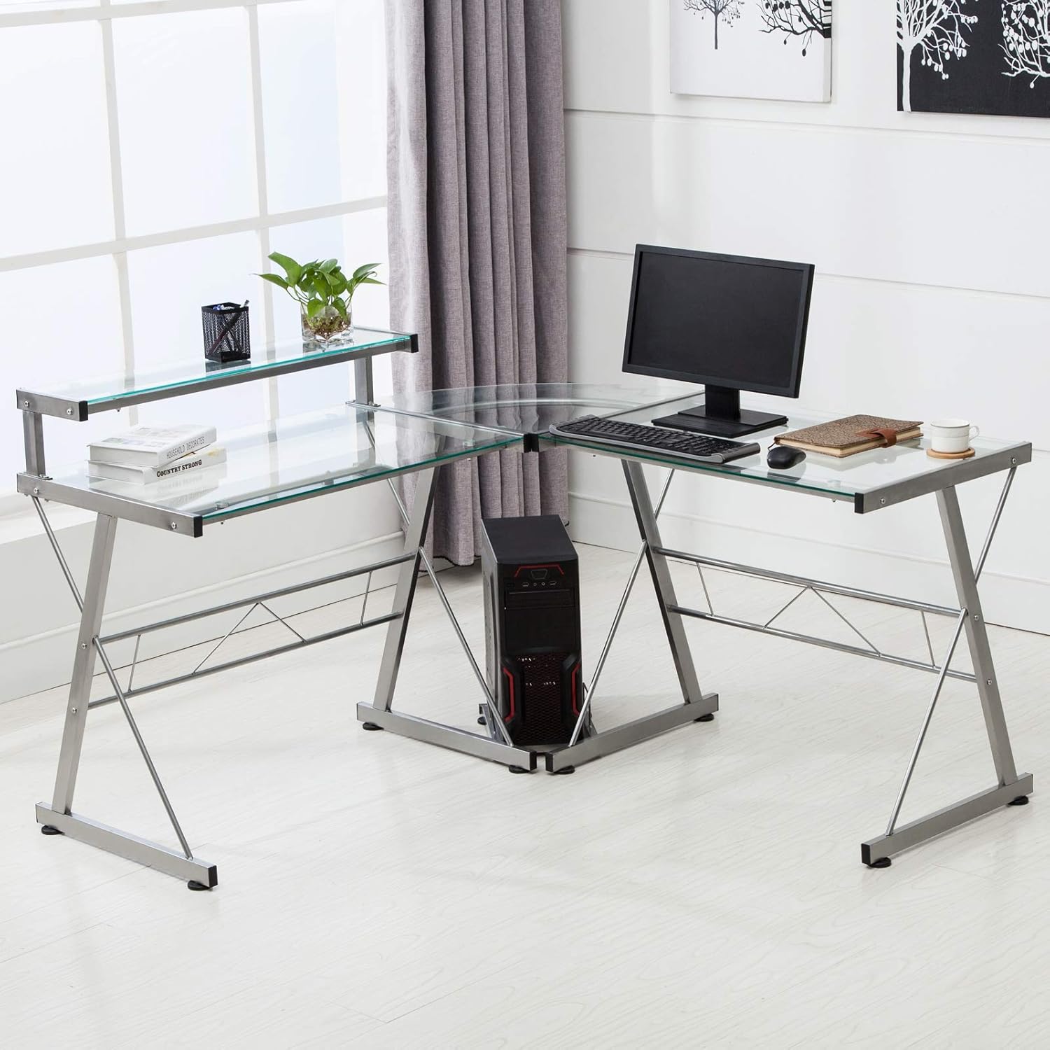 Amazon.com: mecor L-Shaped Corner Computer Desk with Shelf, Glass ...