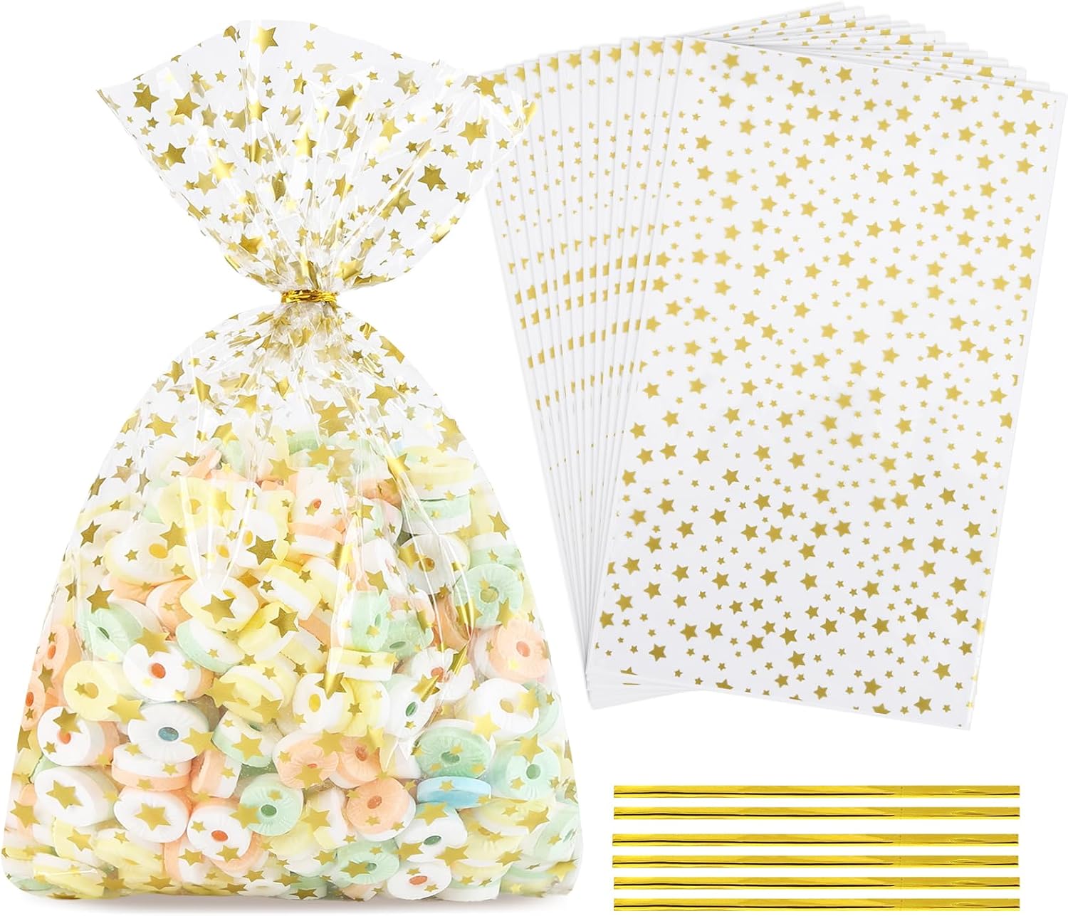 Amazon.com: LEOSINDA 50 Pcs Cellophane Bags,9x12 Inch Gold Star Printed ...