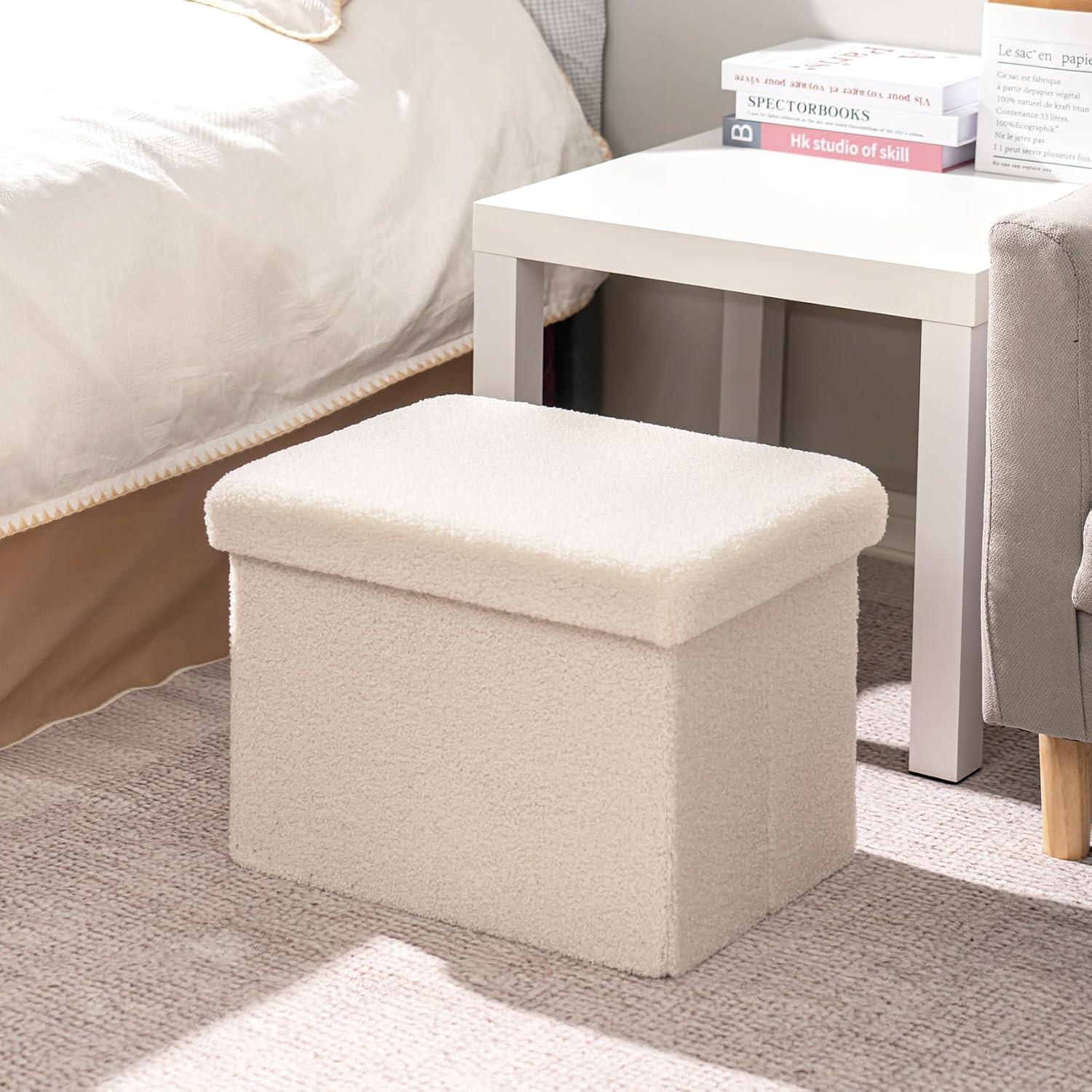 PINPLUS Folding Storage Ottoman, White Foot Rest Stool Short Ottoman ...