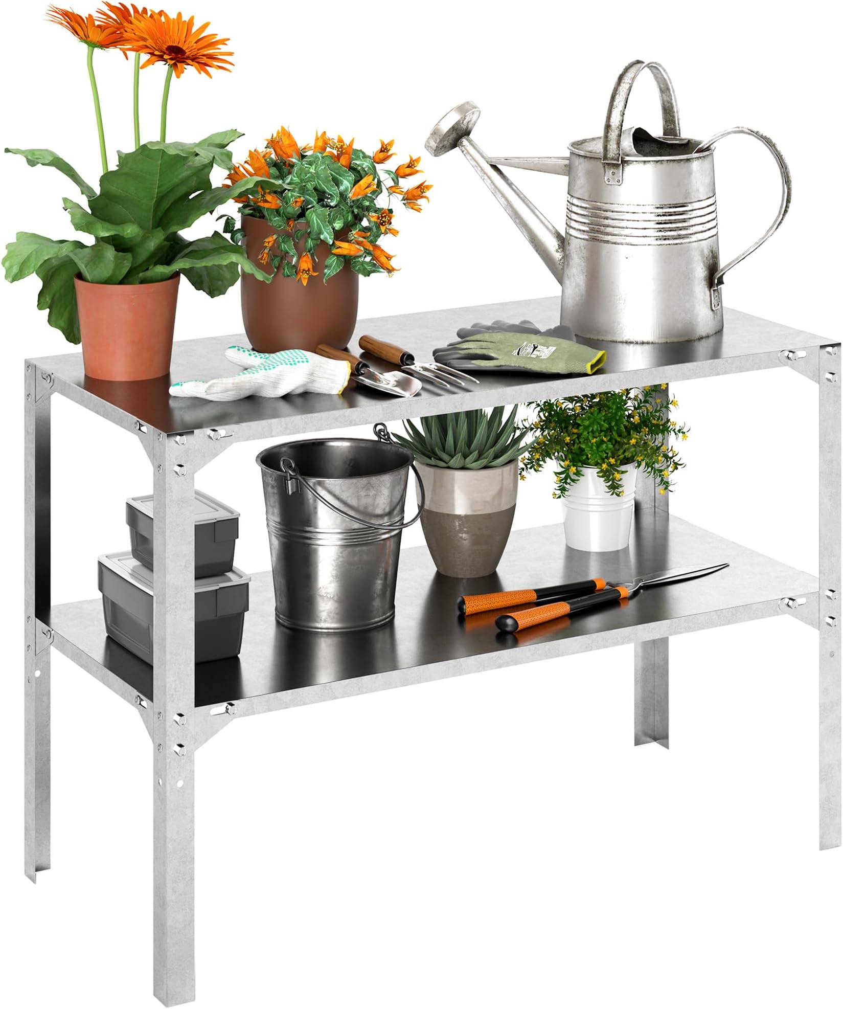Outsunny 2 Tier Potting Bench Table, Galvanised Steel Garden Planting ...