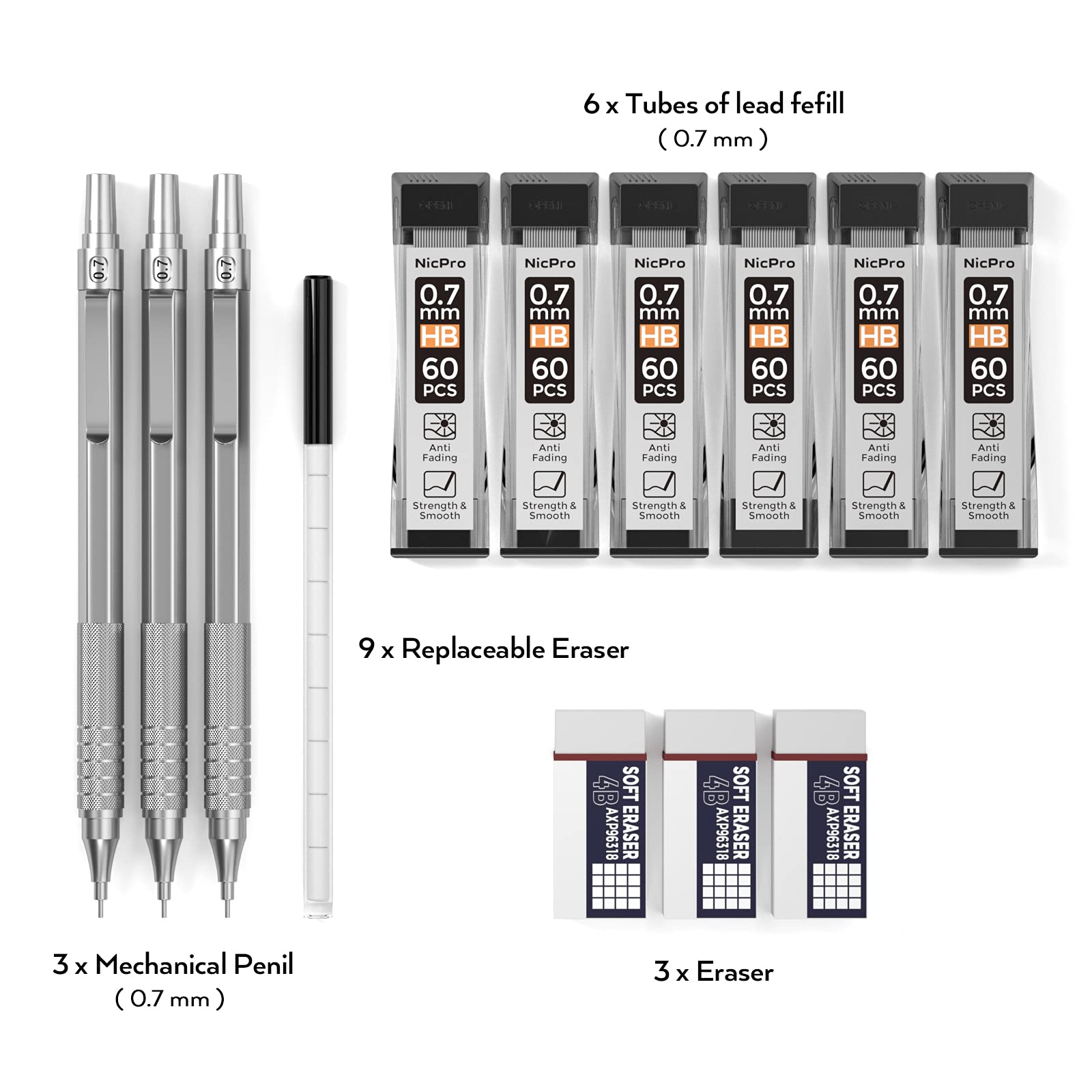 Nicpro 0.7 mm Mechanical Pencils Set with Case, 3 Metal Artist Pencil ...