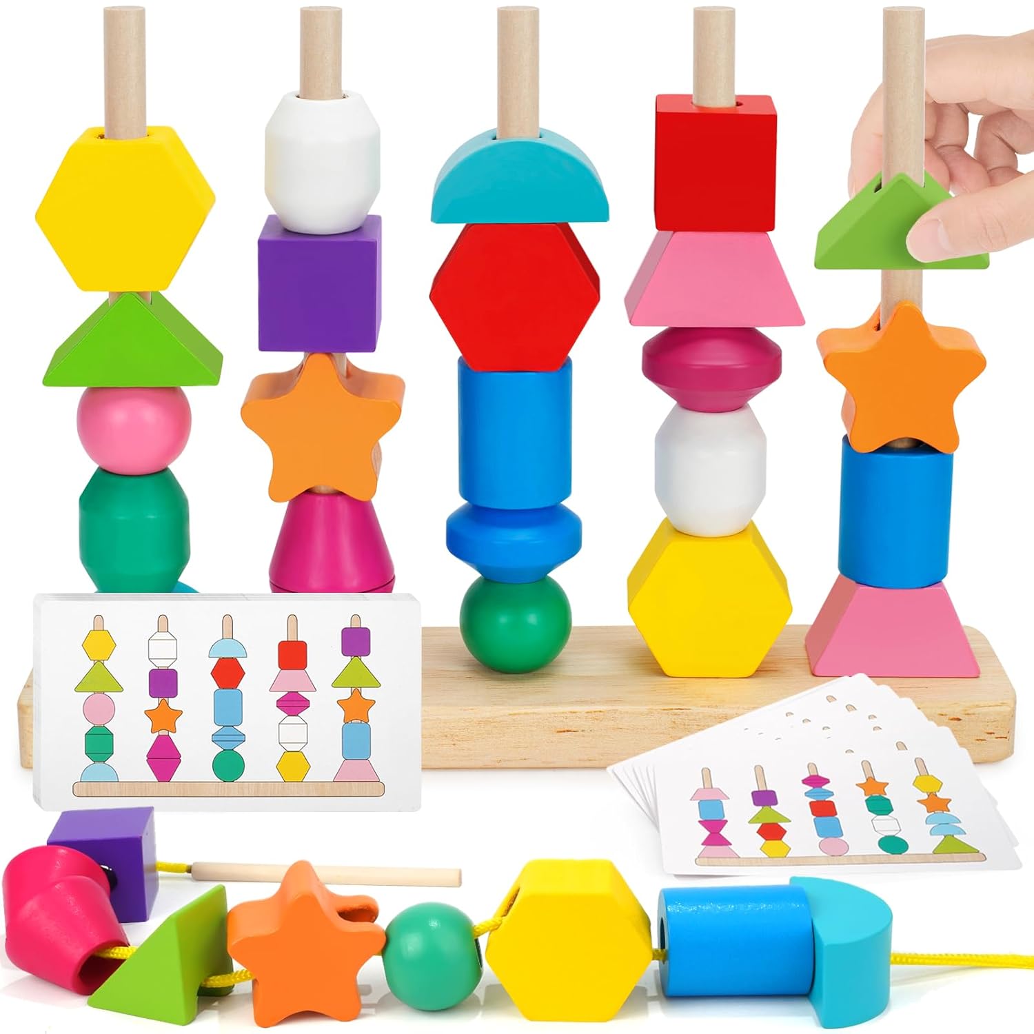 KIZZYEA Montessori Toys for 3 Year Old, Wooden Beads Sequencing Toy Set ...