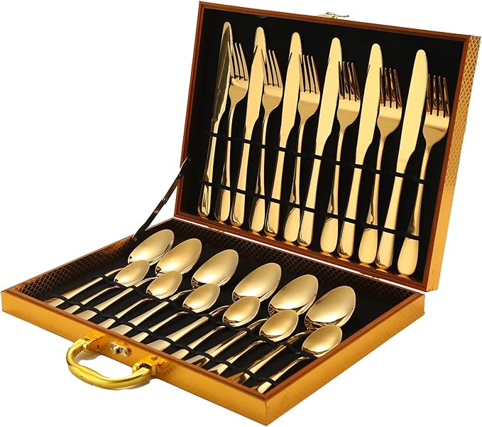Amazon.com | 24-Piece Gold Silverware Set with Wooden Gift Box ...