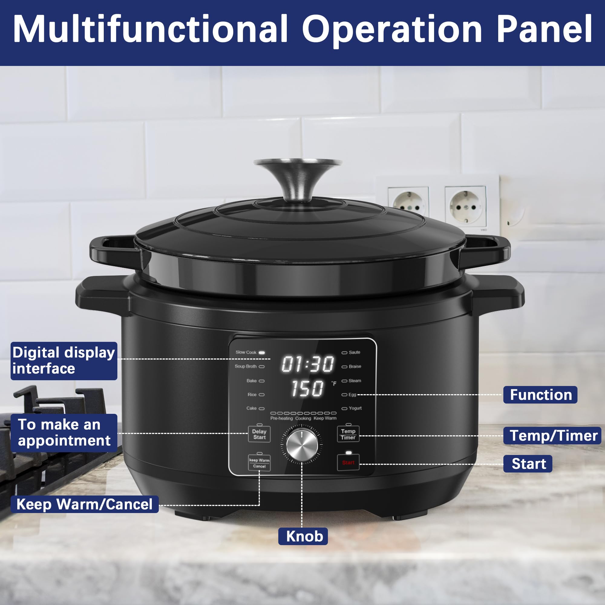 ROTTOGOON 6-Quart Enameled Cast Iron Dutch Oven, 1500W Large Electric ...