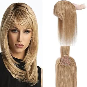 Hairro Clip in Hair Toppers with Bangs Human Hair (16 inch #27 Dark ...