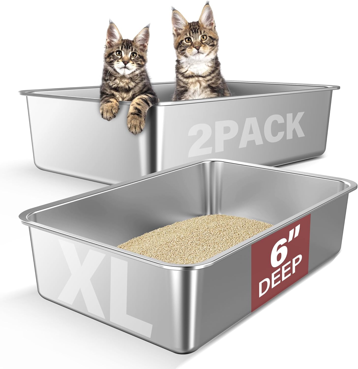 Amazon.com: 2 Pack Deep & Extra Large Stainless Steel Cat Litter Boxes, High Sides Metal Cat ...