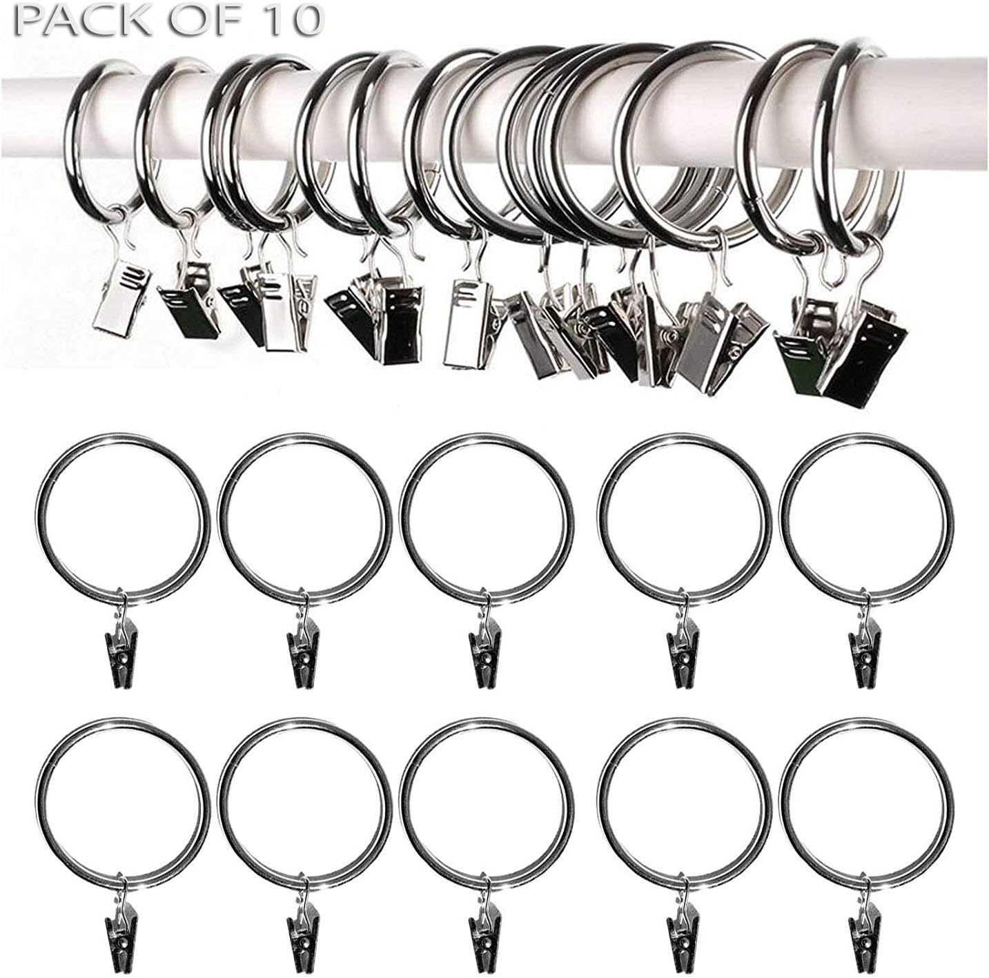 Pack Of 10 Metal Curtain Rings with clips Pole Rod Voile Net Curtain ...