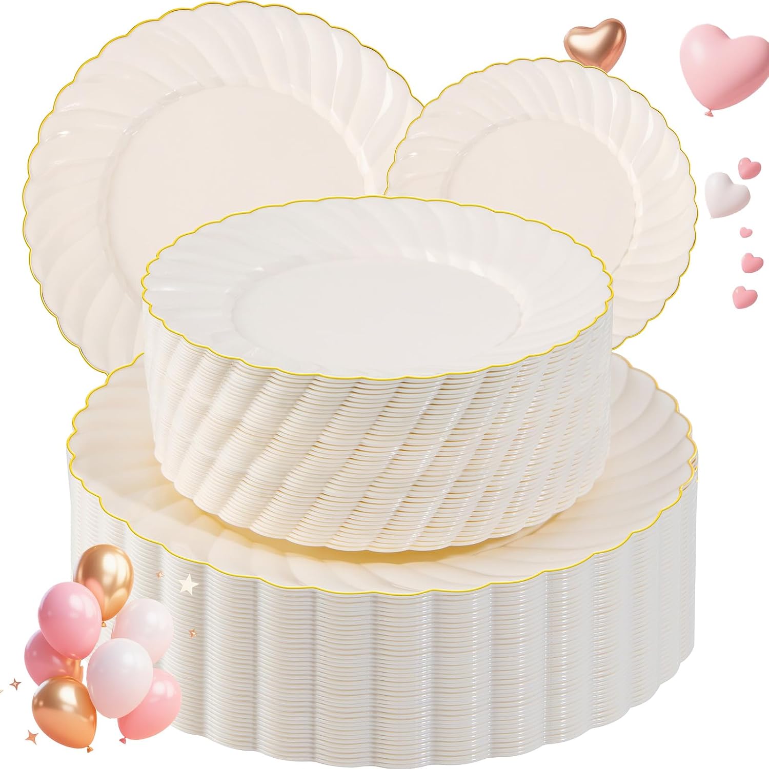 Amazon.com: U-QE 100 Piece Ivory Scalloped Plastic Plates for Party ...
