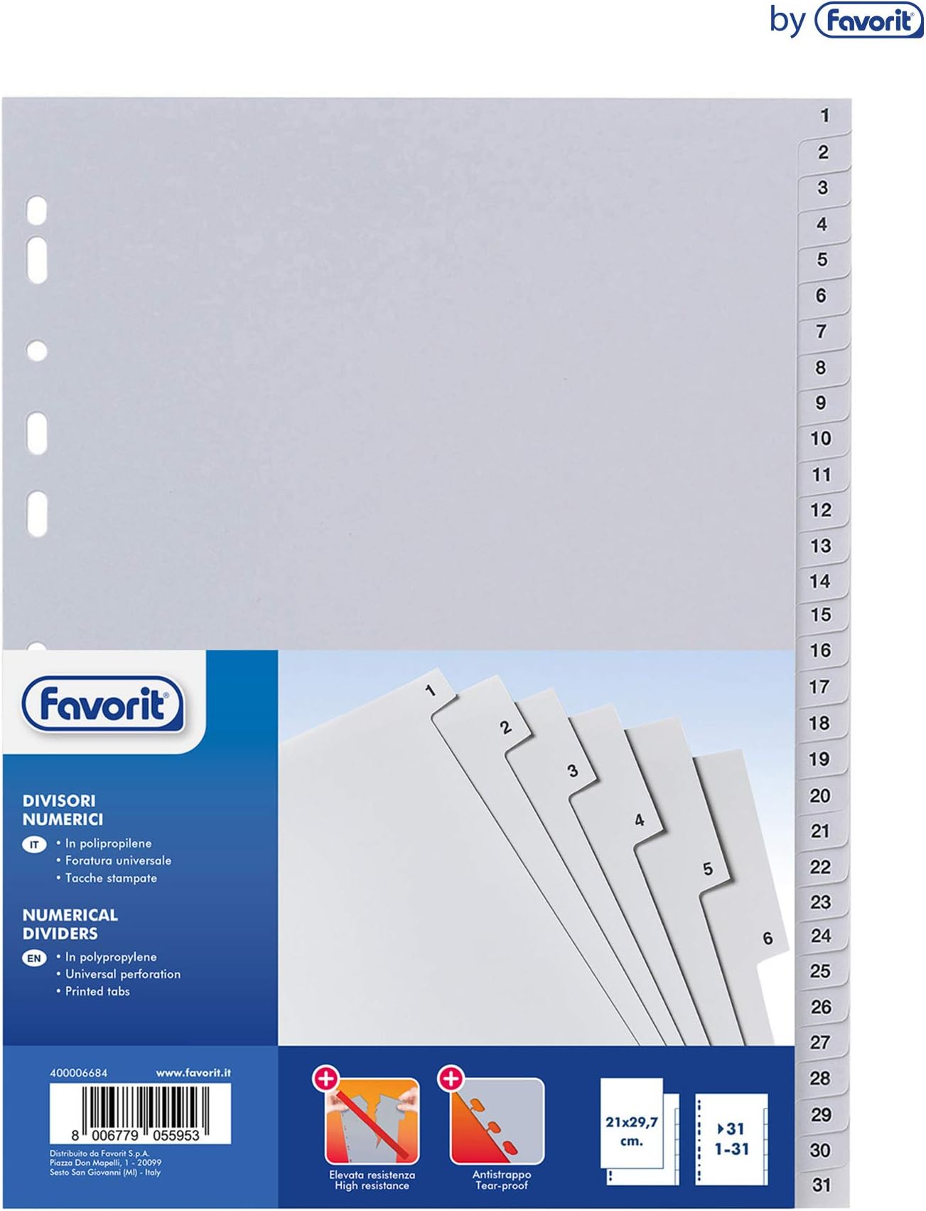 Favorit 400006684 Divisori a Foratura Universale per Raccoglitori ad Anelli con 31 Tacche ...