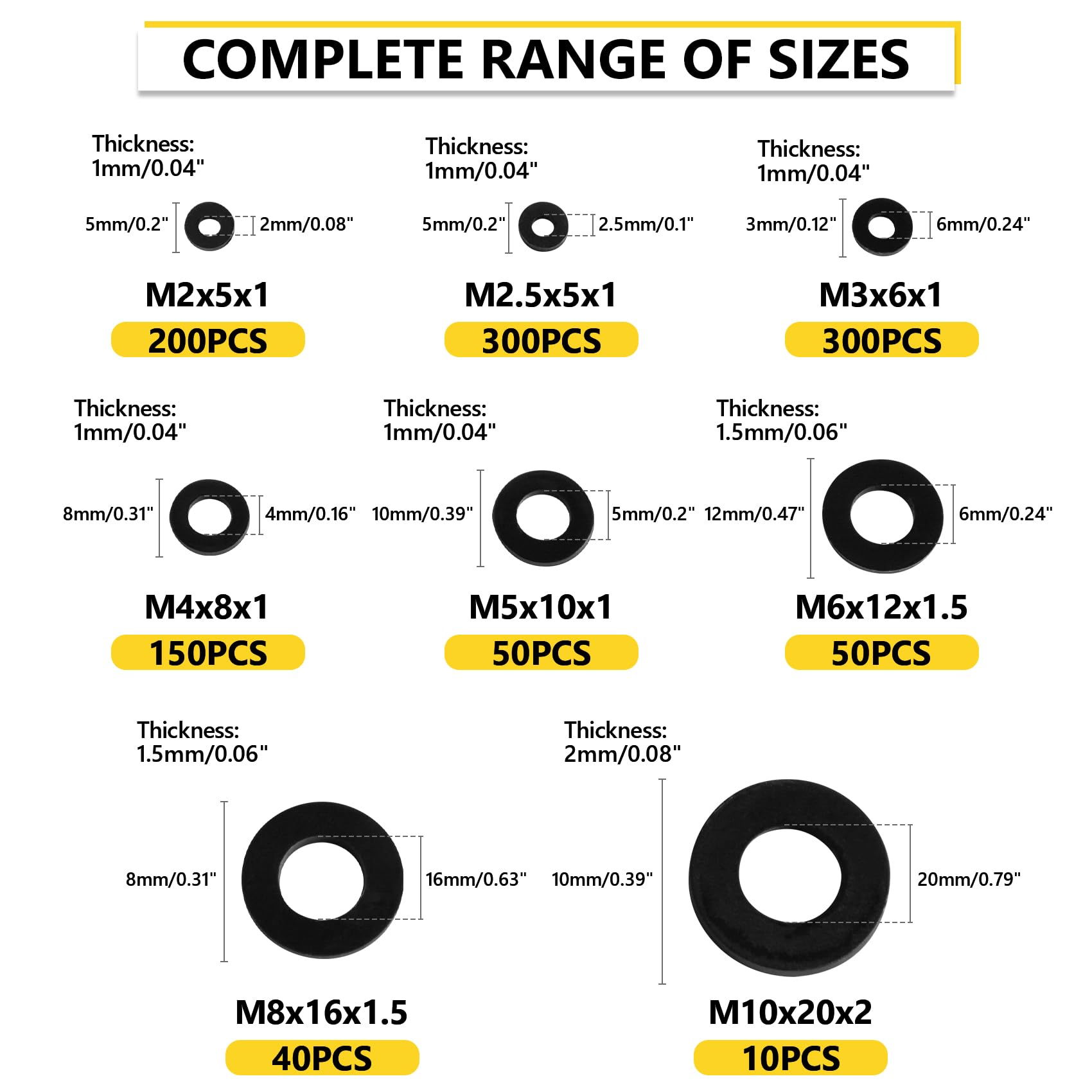 Washers, 1200Pcs Flat Washers for Screws Bolts, Black Nylon Flat ...