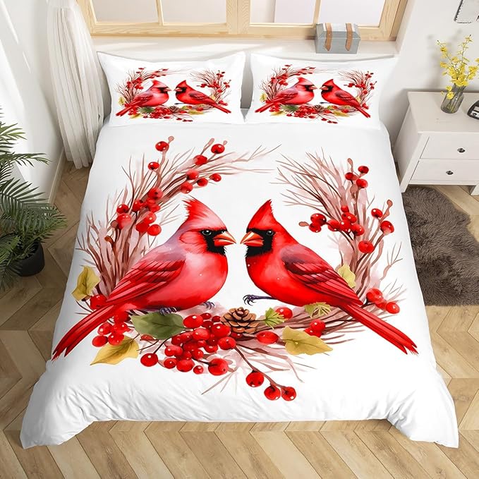 Amazon.com: jejeloiu Red Cardinals Bedding Set Queen Size Kids Pine ...