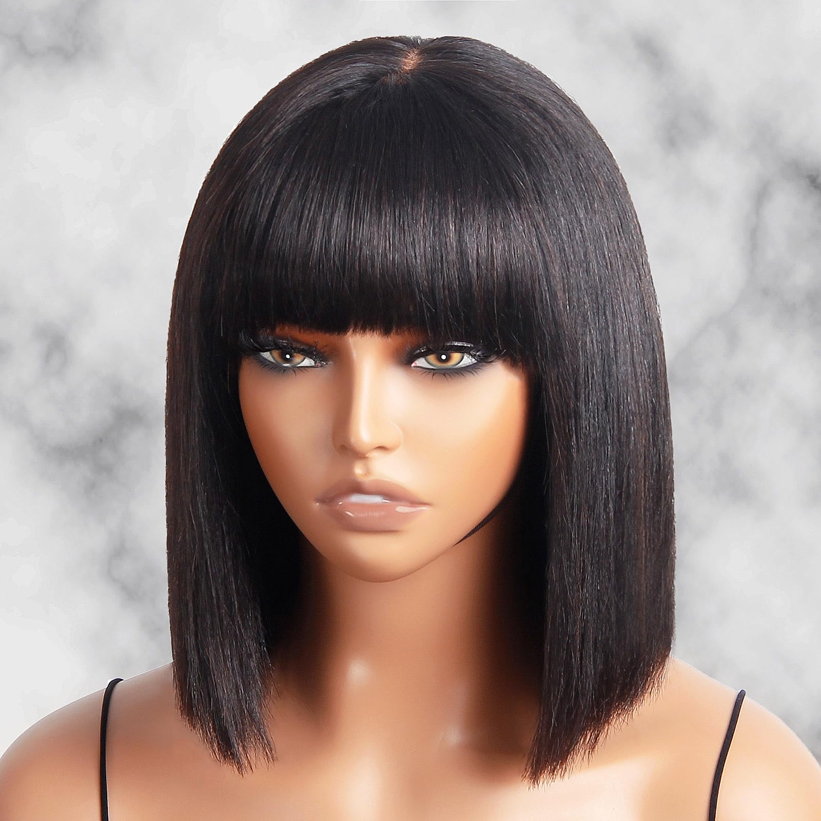 Amazon.com : SAYIDON Bob Wig With Bangs Human Hair Light Yaki Straight ...