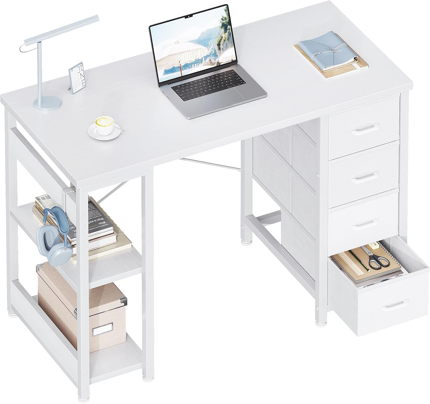 Amazon.com: ODK 40 Inch Small White Computer Desk with 4 Fabric Drawers ...