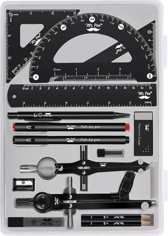 Mr. Pen- Professional Geometry Set, 15pcs, Black Geometry Kit for ...