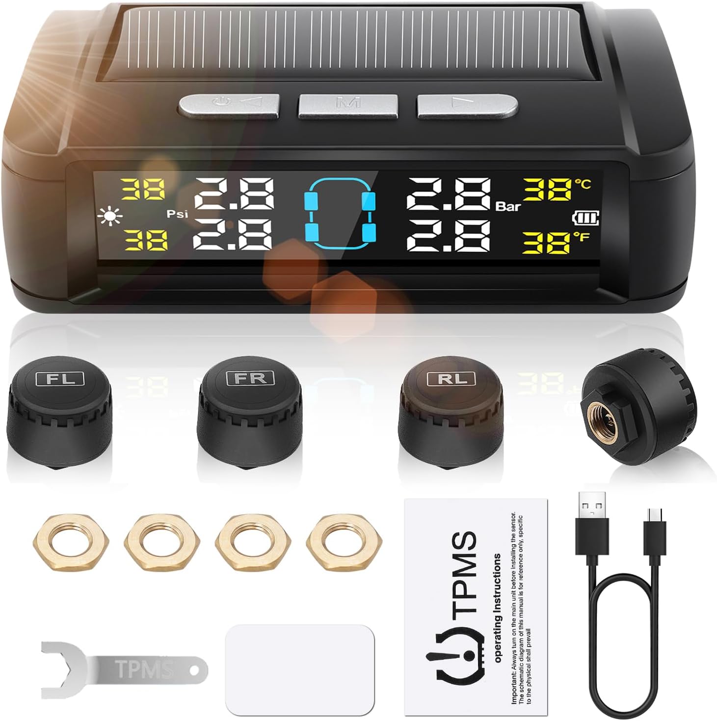 Geloo TPMS Reifendruckkontrollsystem mit 4 Wasserdicht IPX7-Reifendrucksensoren.Druckbereich：0-5 ...