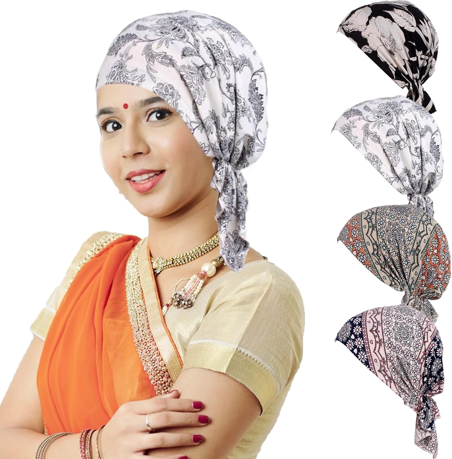 4PCS Turbans for Women Pre Tied Stretch Cotton Chemo Headwear Print ...