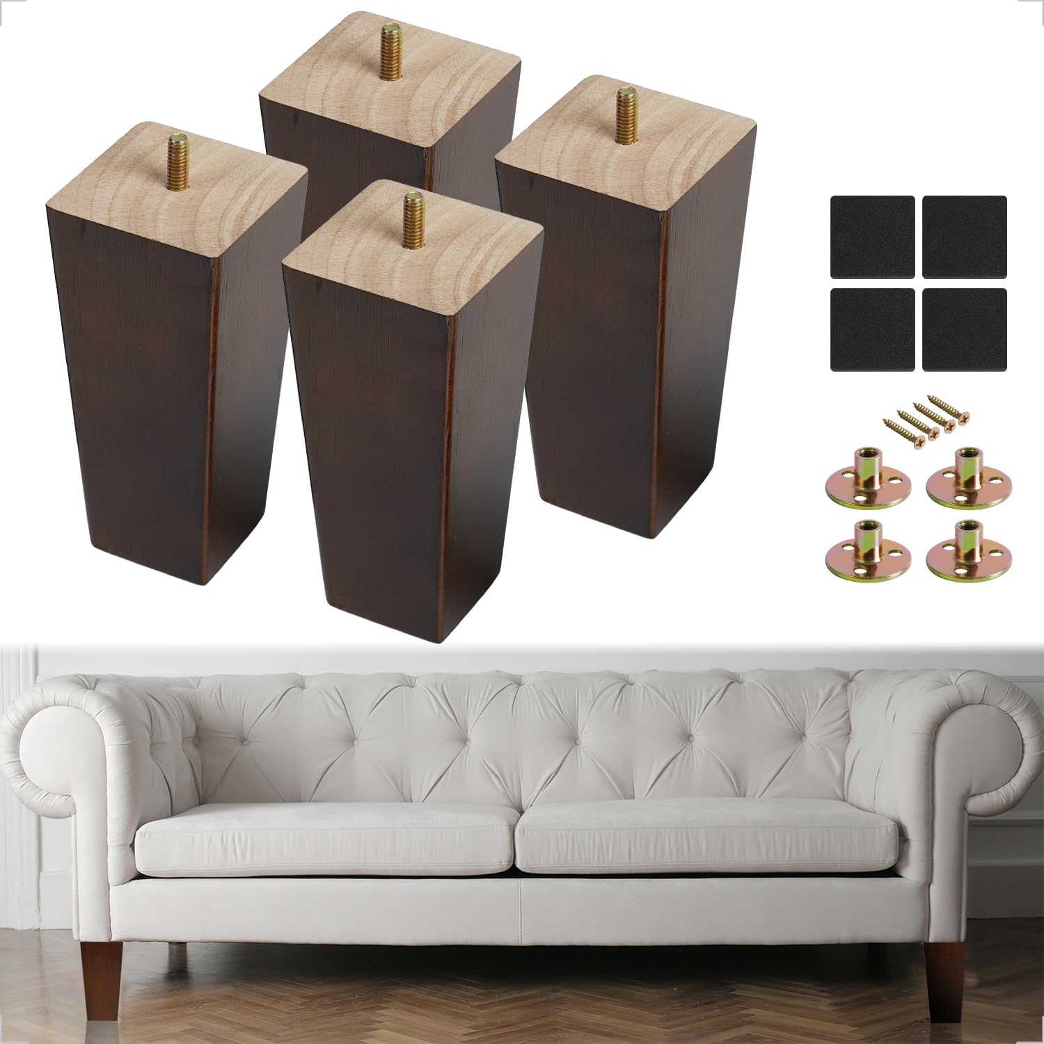 Amazon.com: HAUSIST 6 Inch Wood Furniture Legs - Set of 4, Solid Wooden ...