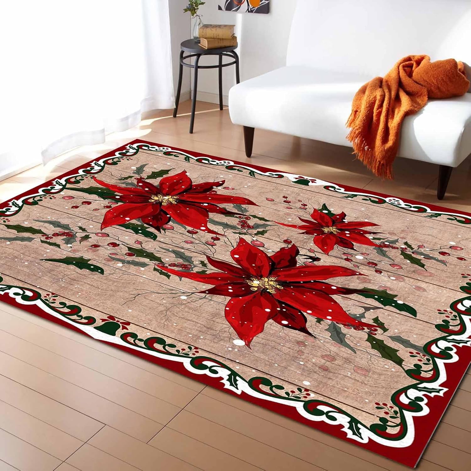 Amazon.com: Area Rug 2x3 Ft Christmas Flower Poinsettia Red Floral ...