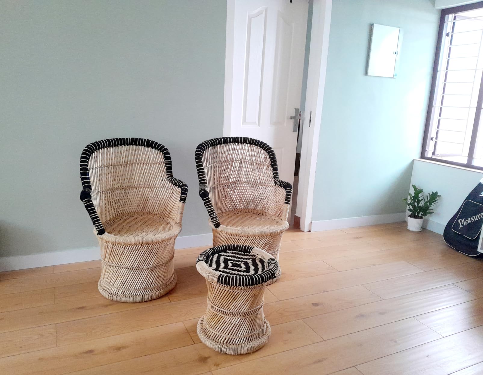 Harish Handmakers ! Handmade Bamboo Mudda Chair with Black & Beige Pure ...