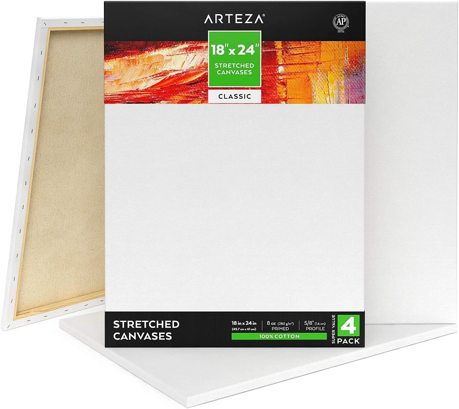 Arteza Stretched Art Canvas, Pack of 4, 45.7 x 61 cm, 8 oz Gesso Primed ...