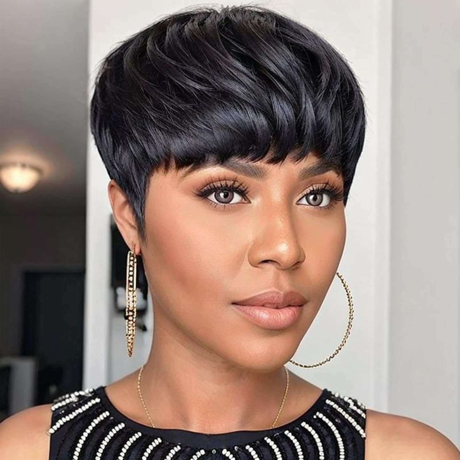 Amazon.com : Mofyue Short Human Hair Wigs with Bangs Pixie Cut Wig for ...