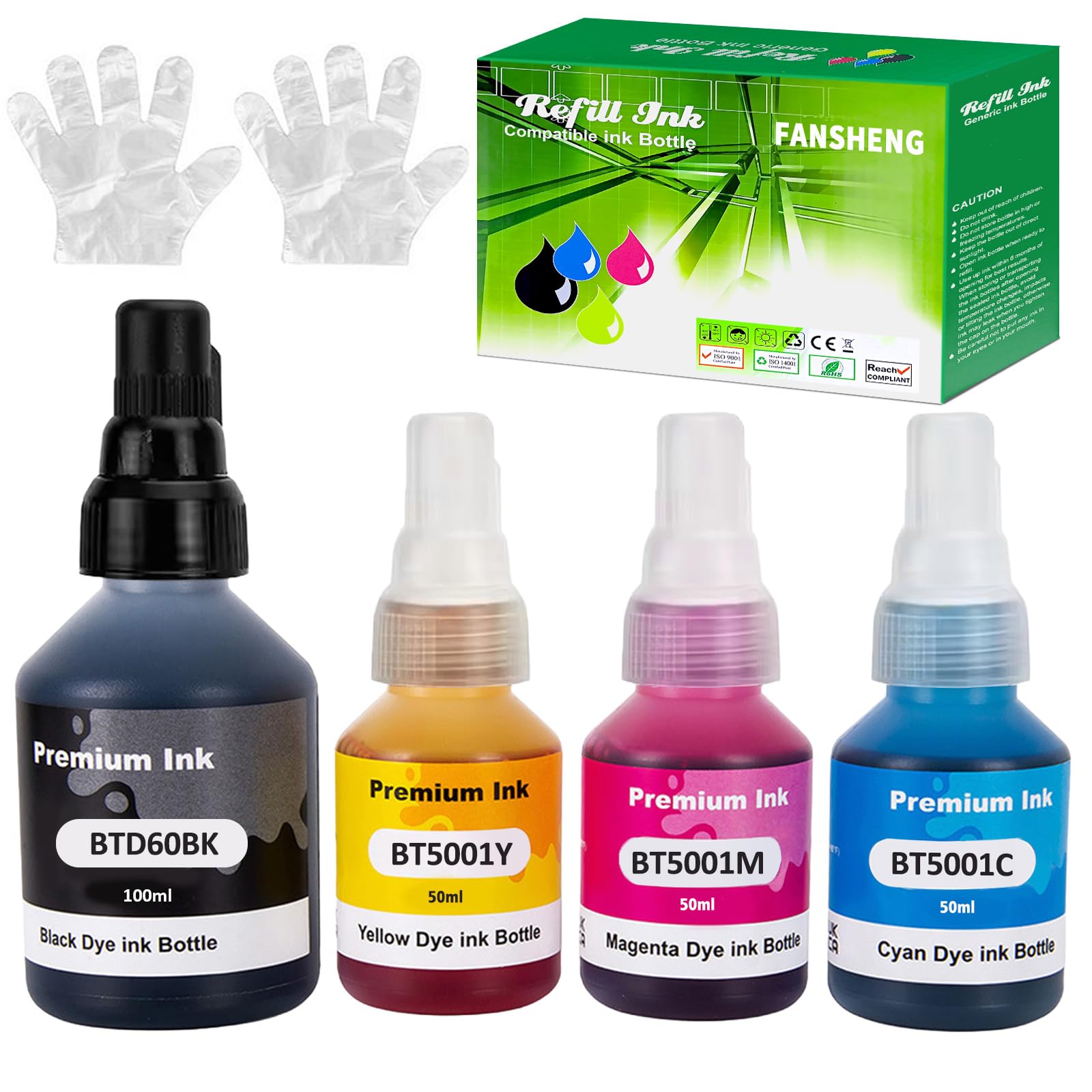 4 Ink Refill Bottles Kit BTD60 BK Negro - Color BT5001Y BT5001C BT5001M ...