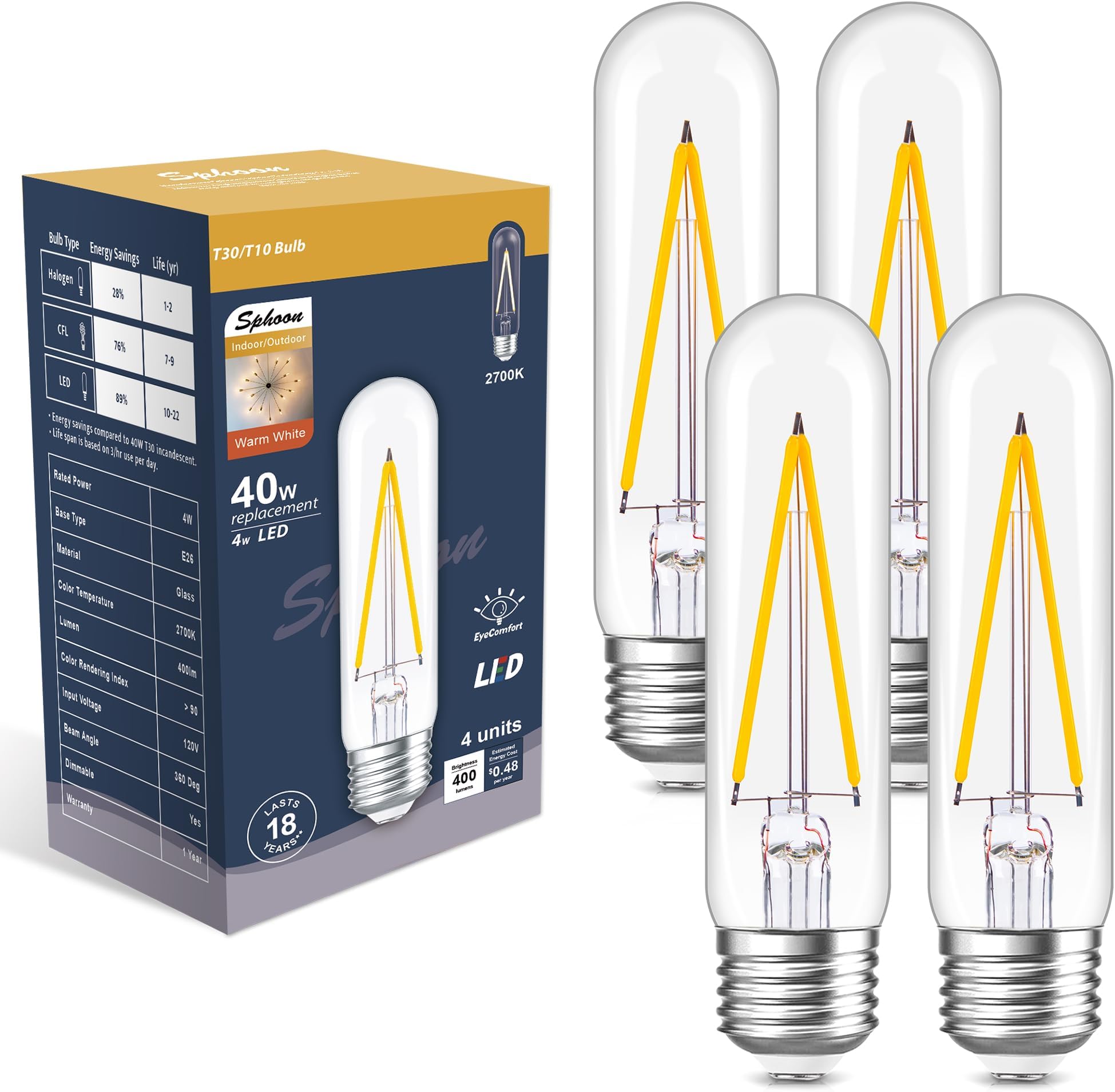 Feit Electric BPT1040/927CA/RP/6,40W EQ DM T10 LED Light Bulbs, 6 Bulbs ...