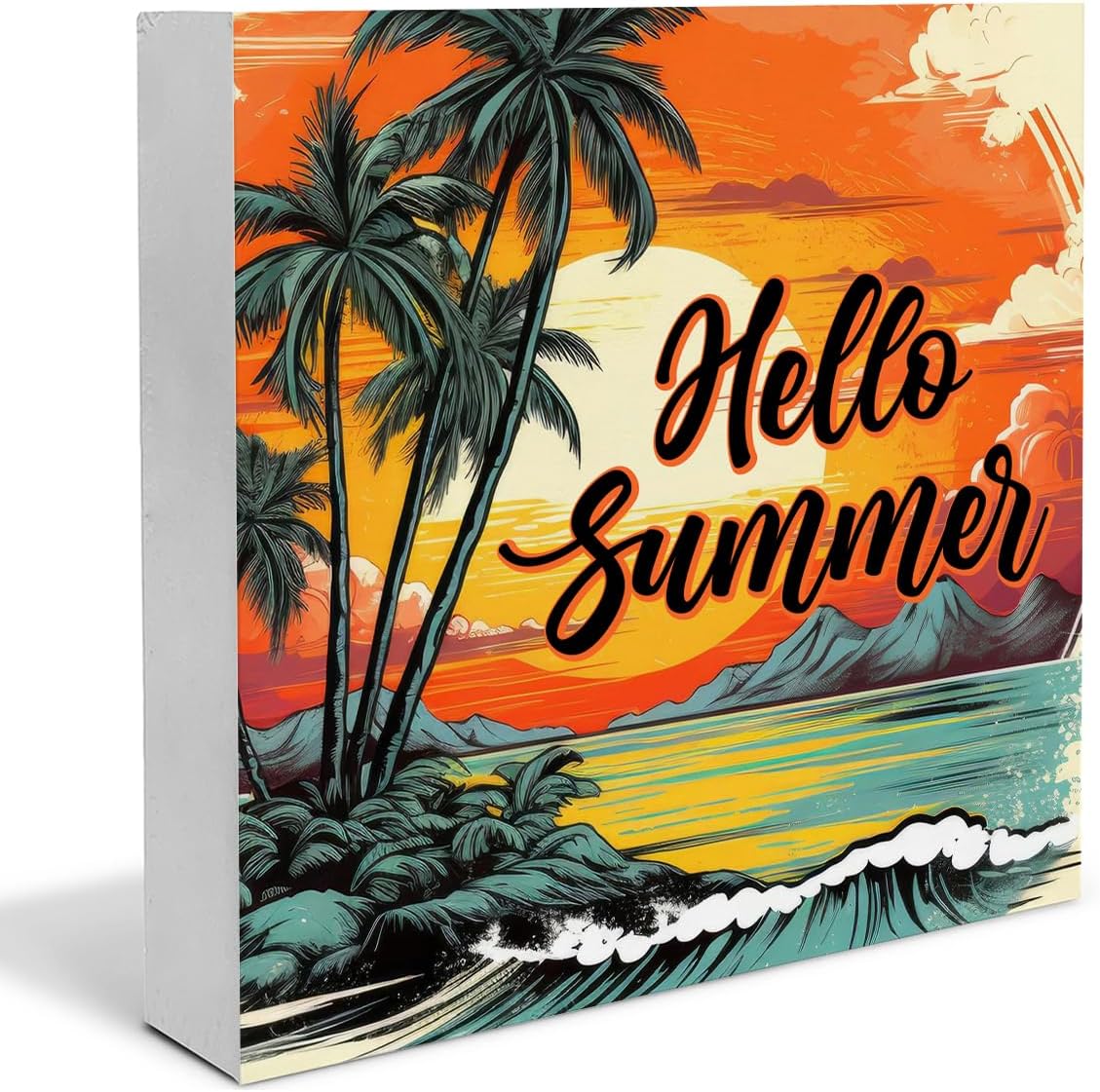 Amazon.com: Hello Summer Decor Beach Wood Block Sign Sun Coconut Palm ...